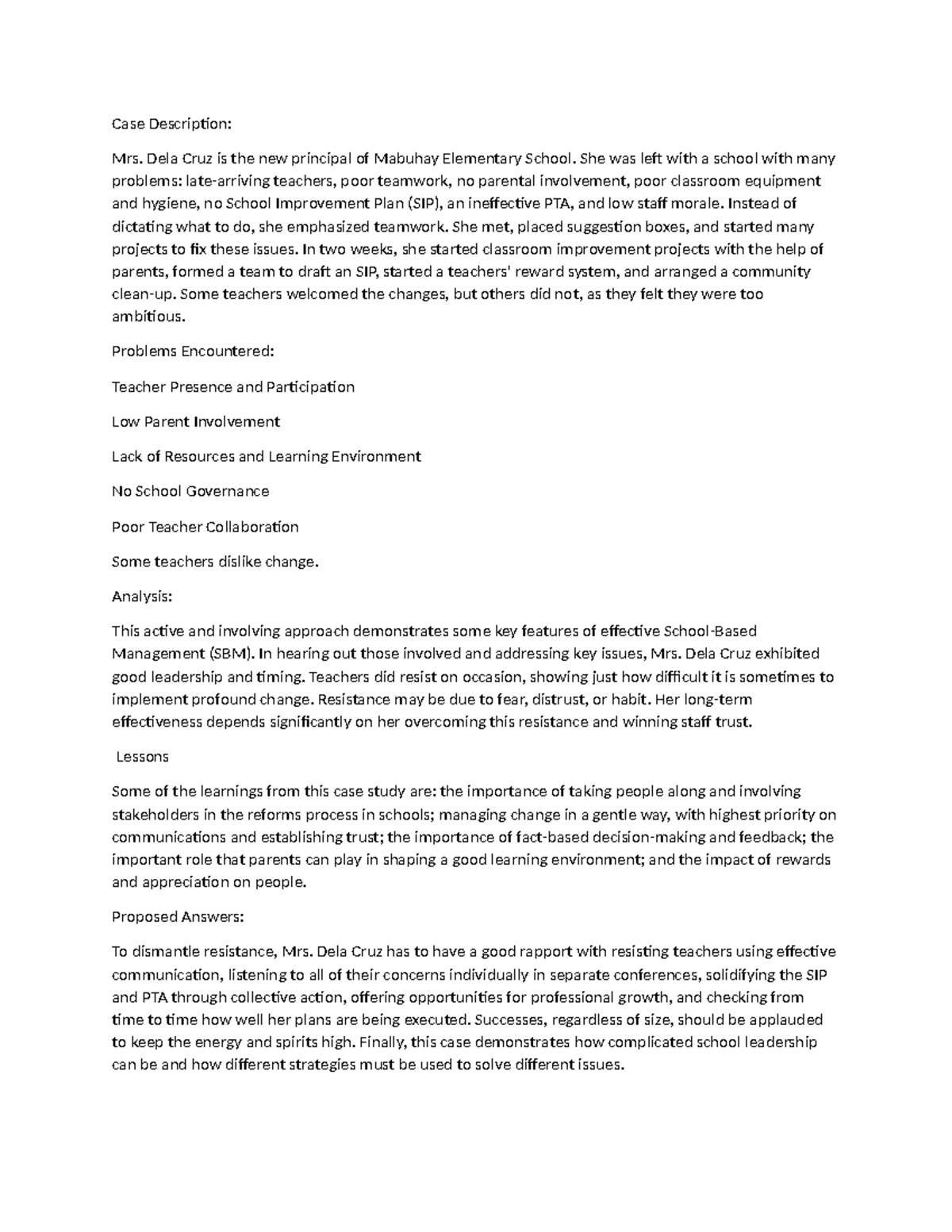 Case Study: Leadership Challenges at Mabuhay Elementary School (EDU 101 ...