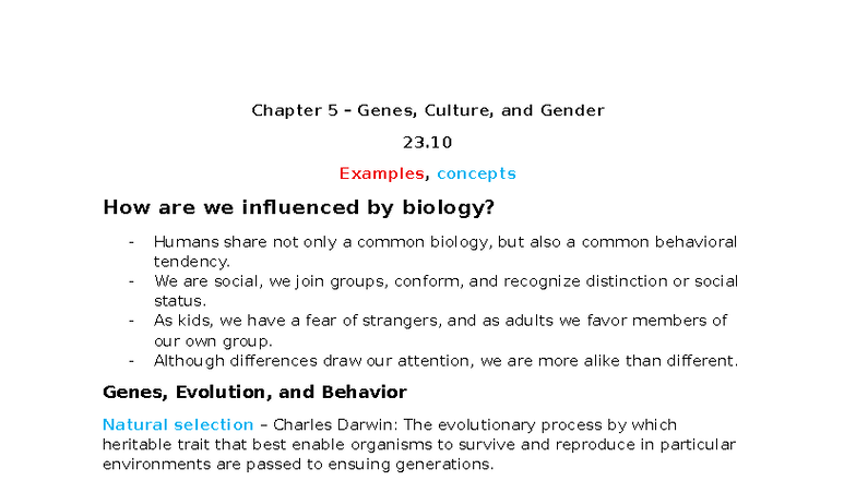 Social Psychology Chapter 5: Genes, Culture, and Gender Insights - Studocu