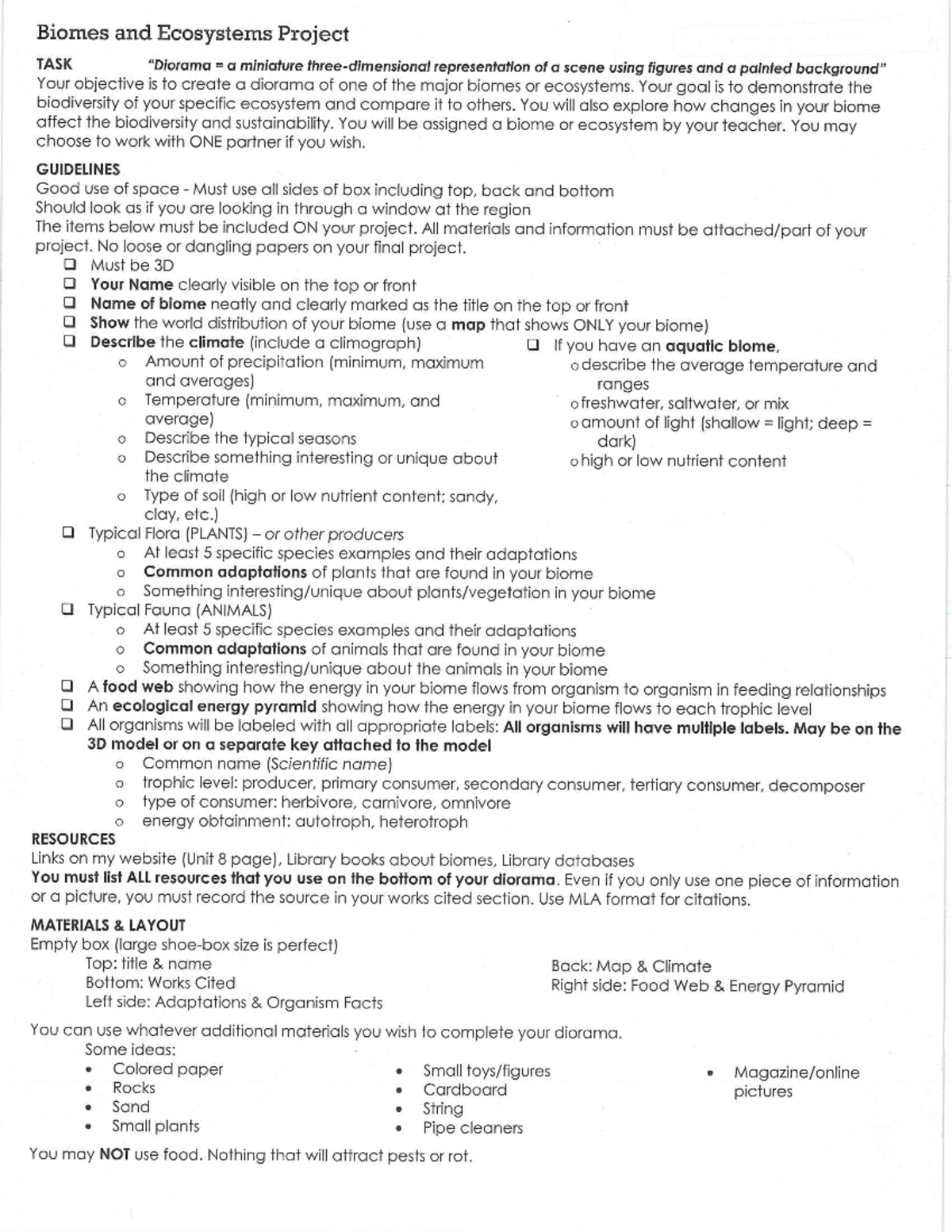 Biomes and Ecosystems Project: Diorama Creation Guidelines - Studocu
