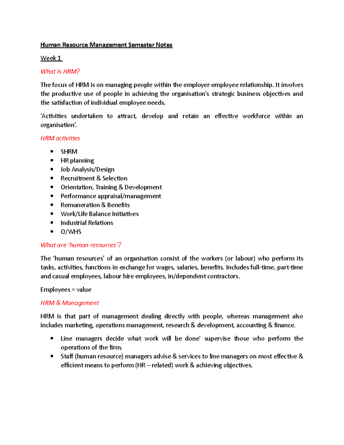 Human Resource Management Semester Notes - Lecture notes, lectures 1 ...