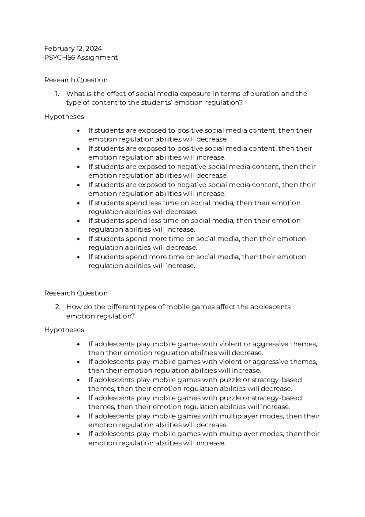Hypotheses Assignment - February 12, 2024 PSYCH56 Assignment Research ...