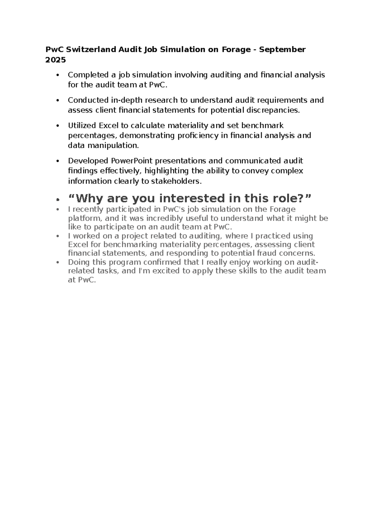 PwC Audit Job Simulation Experience - Forage Sept 2025 - Studocu