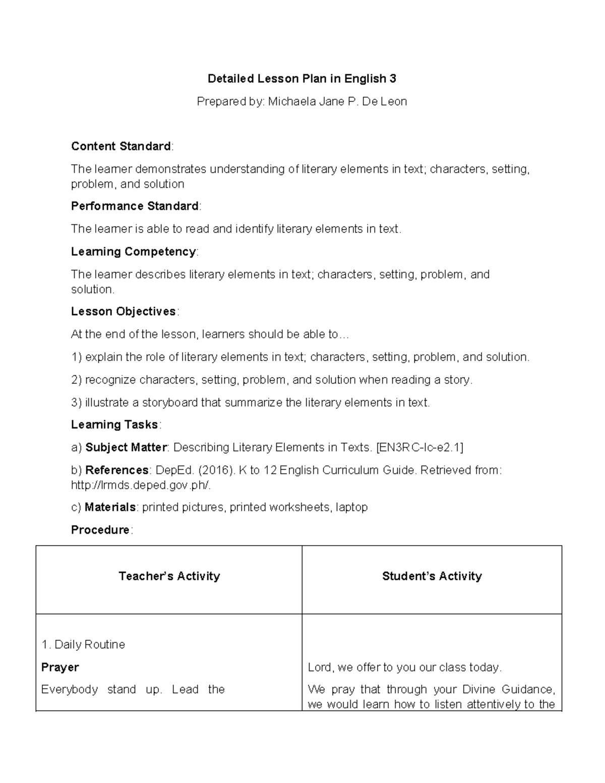 Detailed Lesson Plan: Literary Elements in English 3 [EN3RC-Ic-e2 ...