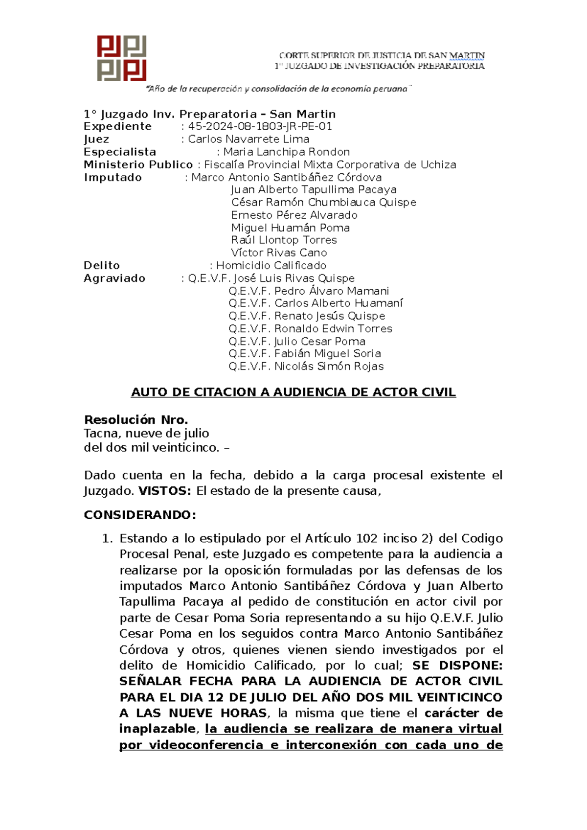 AUTO DE CITACIÓN A AUDIENCIA DE ACTOR CIVIL - HOMICIDIO CALIFICADO ...