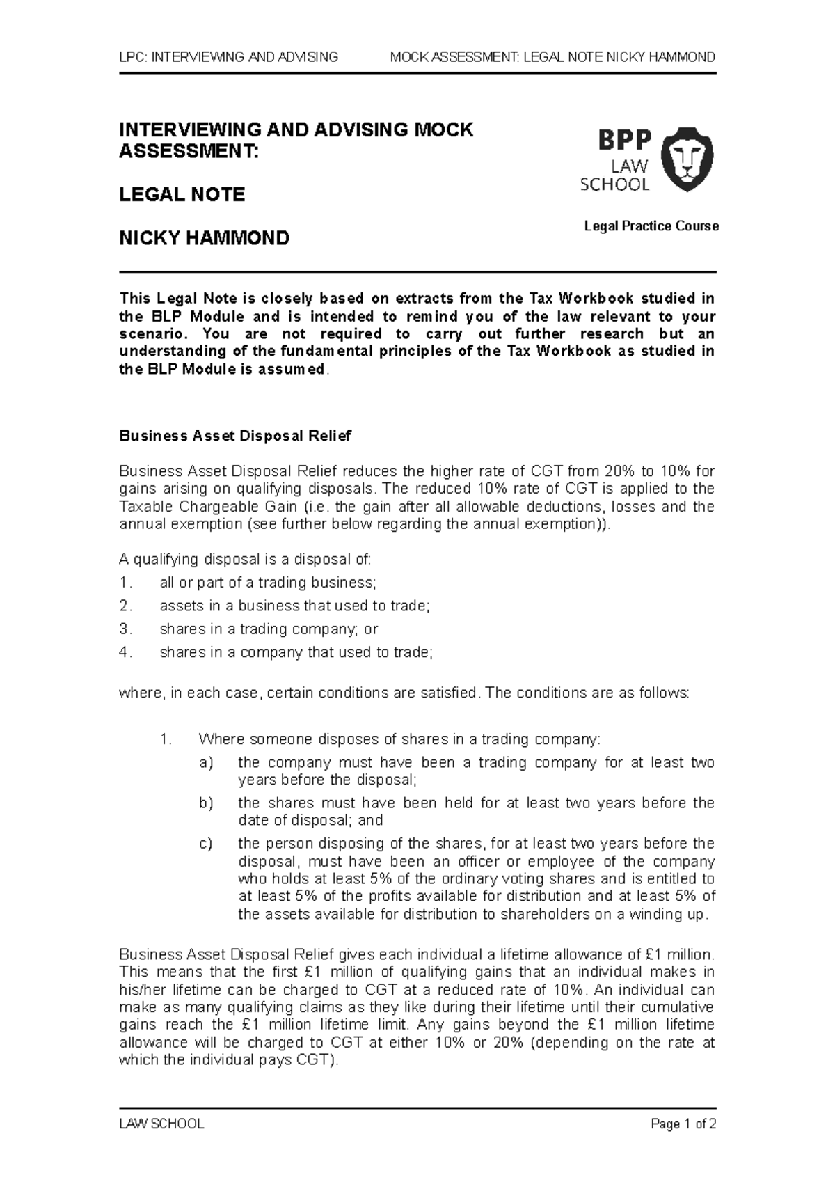 Mock Nicky Hammond Legal Note - LPC: INTERVIEWING AND ADVISING MOCK ASSESSMENT: LEGAL NOTE NICKY ...