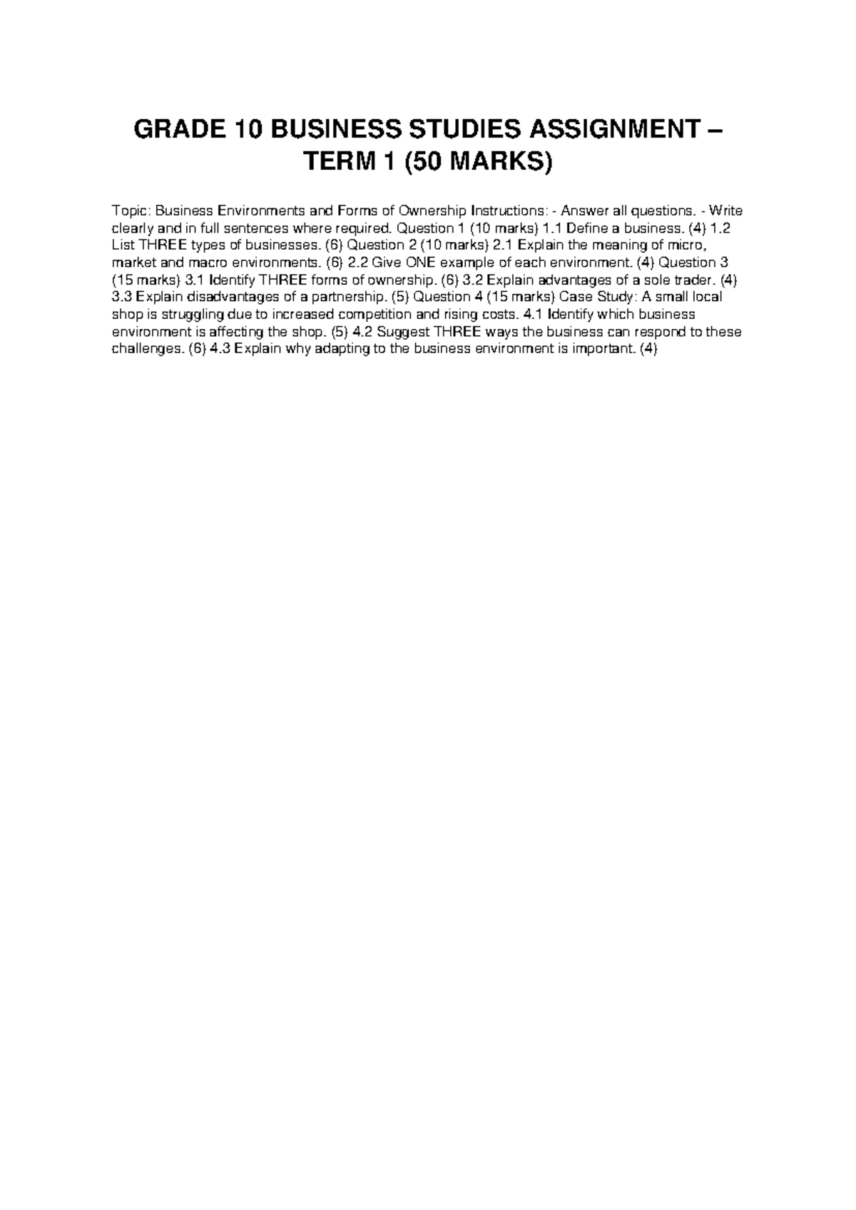 GRADE 10 BUSINESS STUDIES ASSIGNMENT TERM 1: BUSINESS ENVIRONMENTS ...