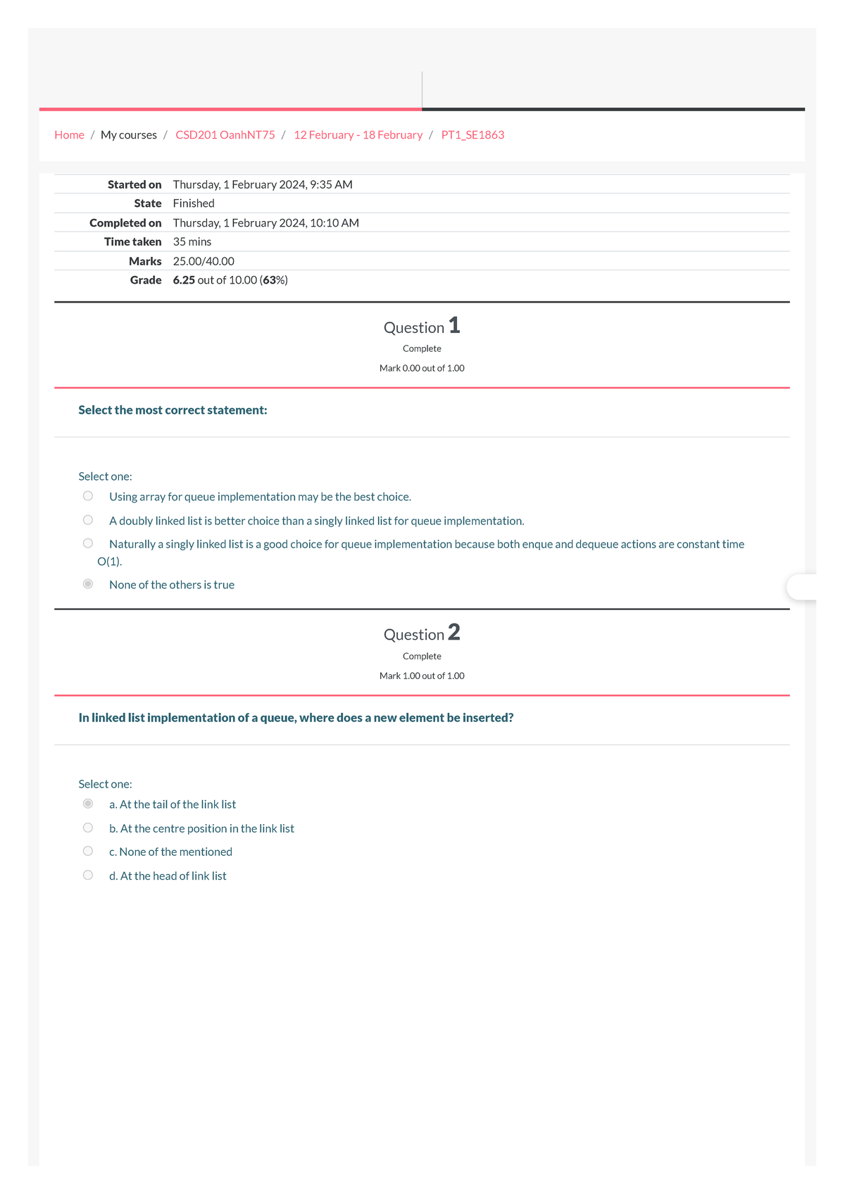 CSD201 PT1_SE1863 Quiz on Data Structures and Algorithms - Studocu