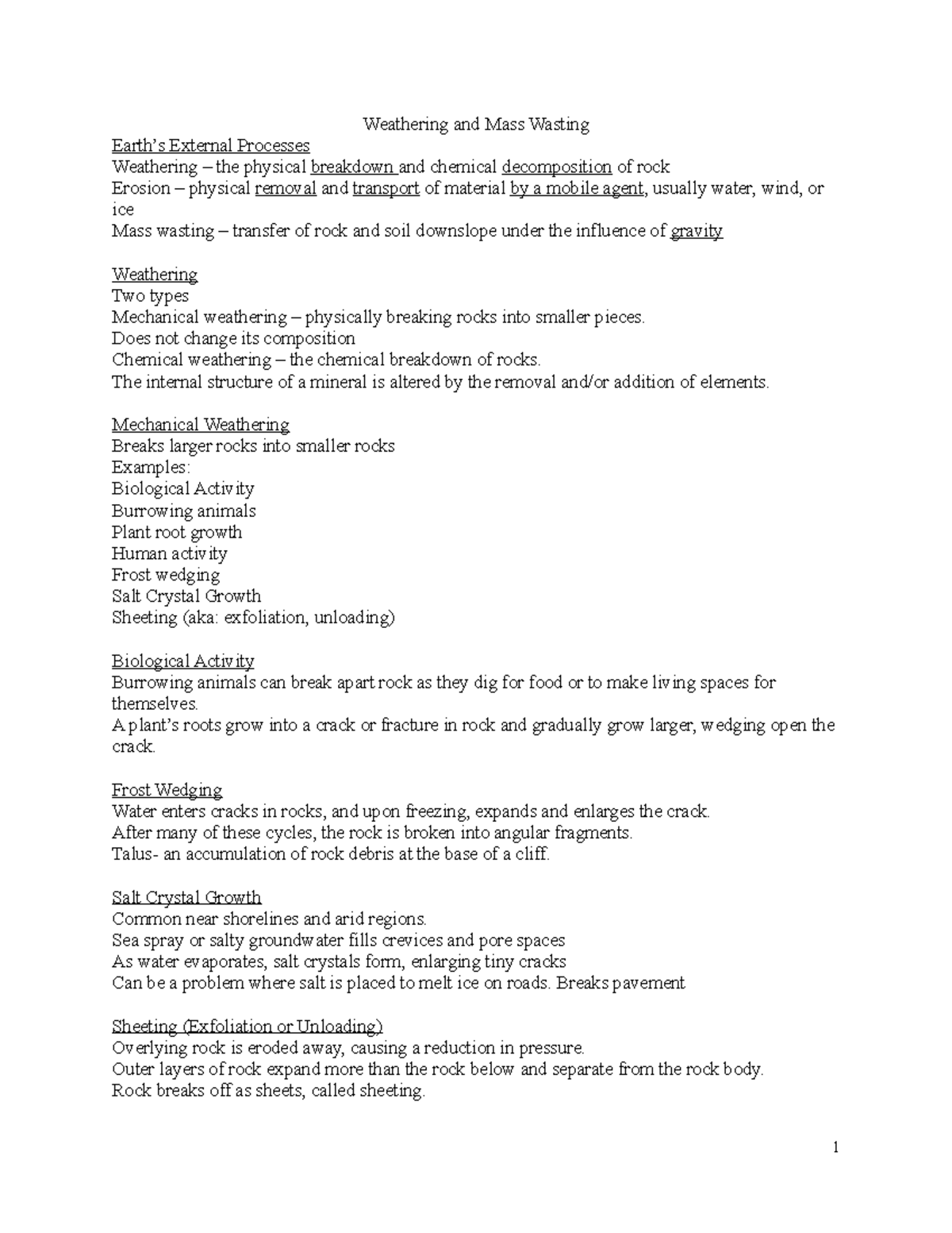 Weathering and Mass Wasting Notes - Weathering and Mass Wasting Earth’s ...