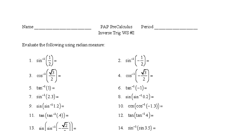 PAP PreCalculus Inverse Trig WS #2 - Studocu