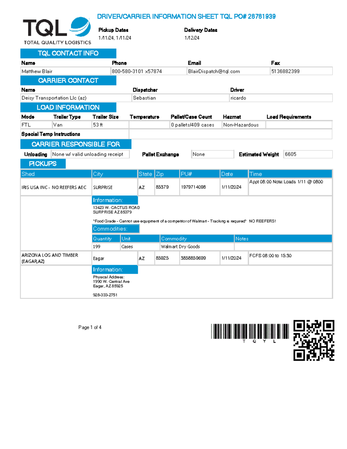 Rate Confirmation TQL 26761939: Pickup & Delivery Details - Studocu
