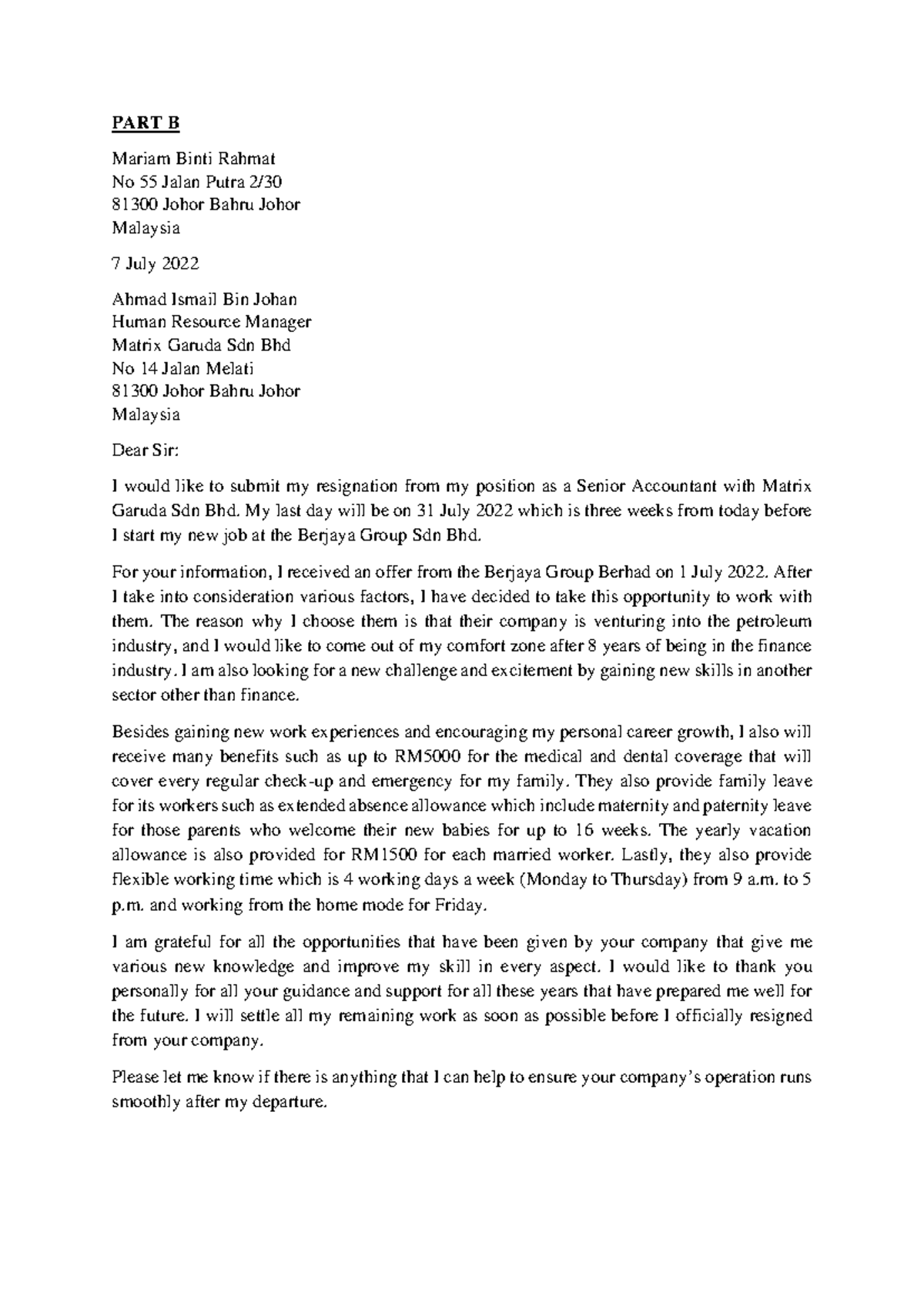 Letter of Resignation from Senior Accountant Position - Studocu