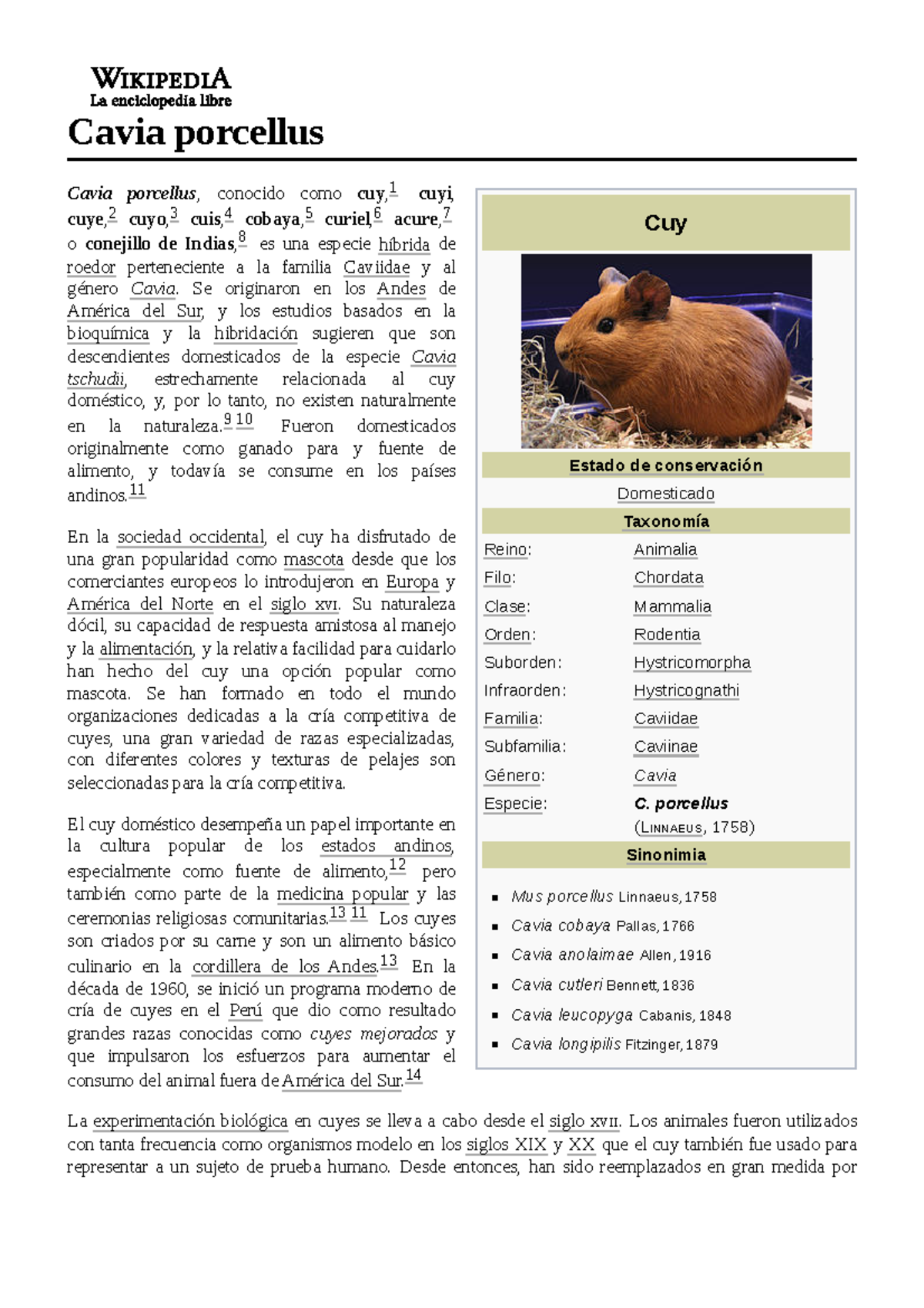 Cavia porcellus: Guía Completa sobre el Cuy y su Domesticación - Studocu