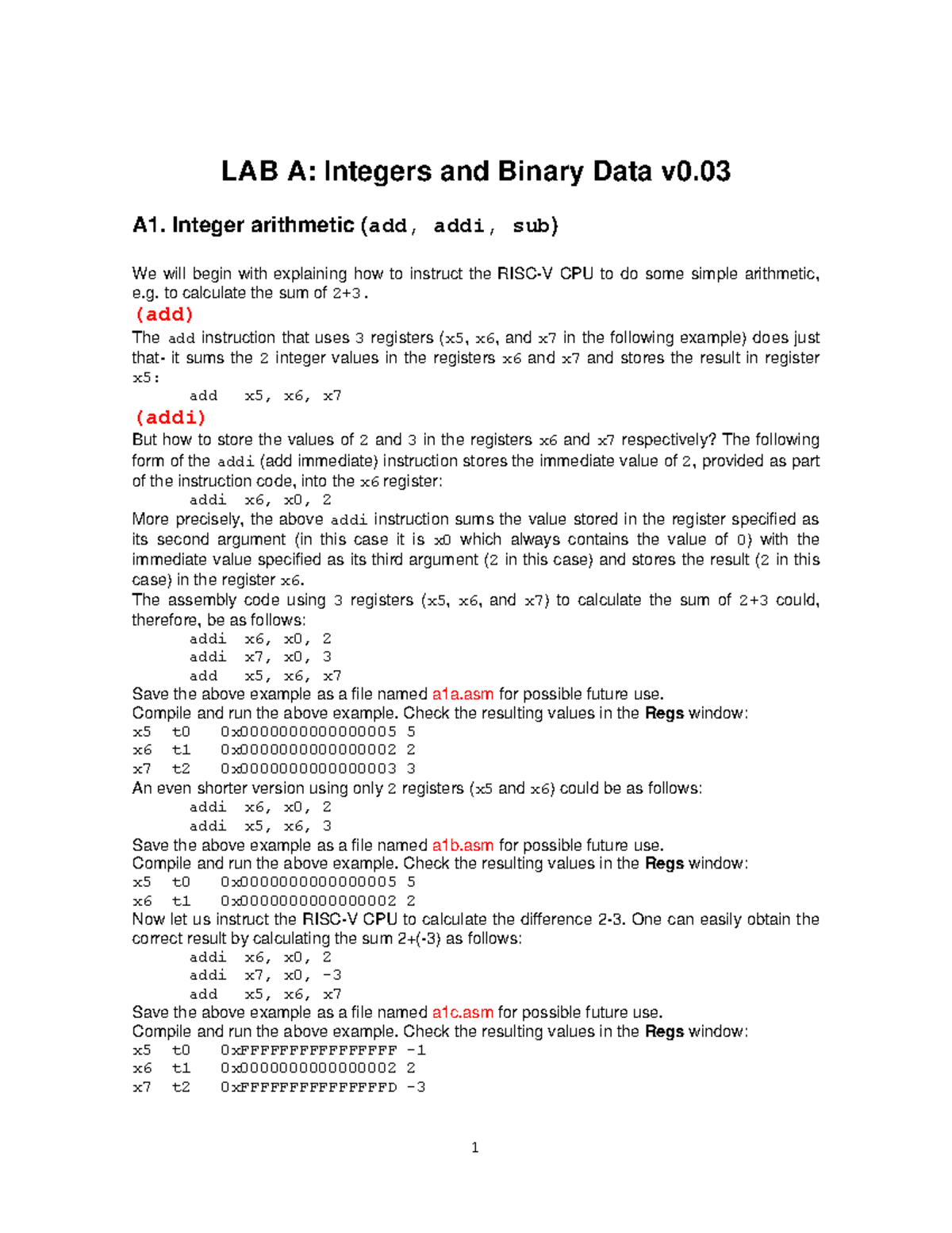 Lab A06 - the lab a 06 - LAB A: Integers and Binary Data v0. A1. Integer arithmetic (add, addi ...