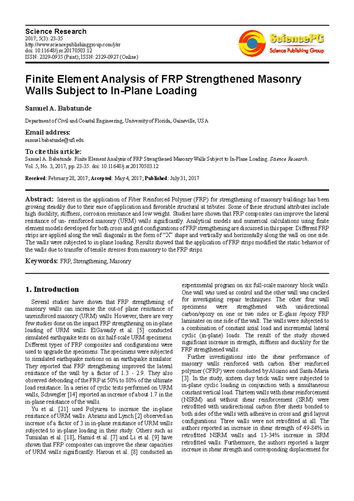 Finite Element Analysis of FRP Strengthened Masonry Walls (CIV 5(3 ...