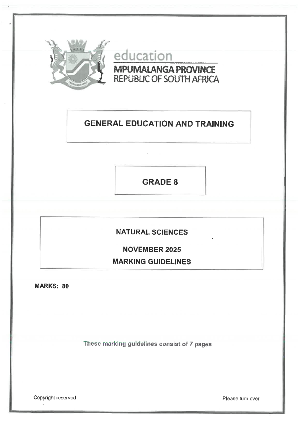 NS Grade 8 Natural Sciences November 2025 Marking Guidelines - Studocu