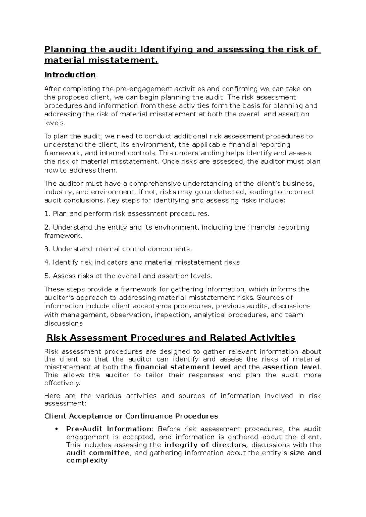 Planning the Audit: Risk Assessment of Material Misstatement (ACCT 301 ...