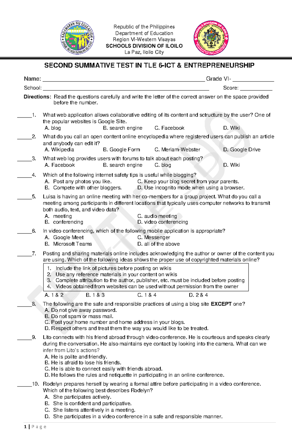 ICT E6 ST2- Final - test - Republic of the Philippines Department of ...