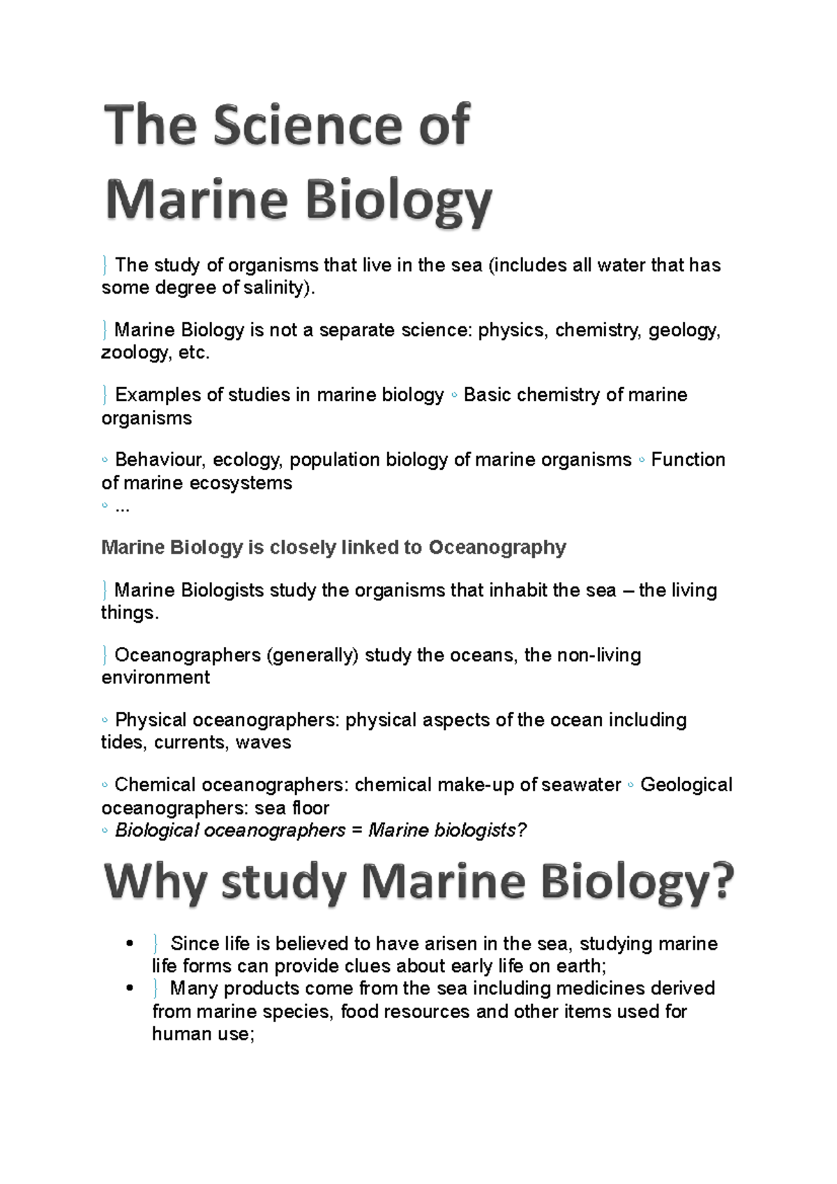 Marine Biology Lecture Notes - Key Concepts and Historical Insights ...