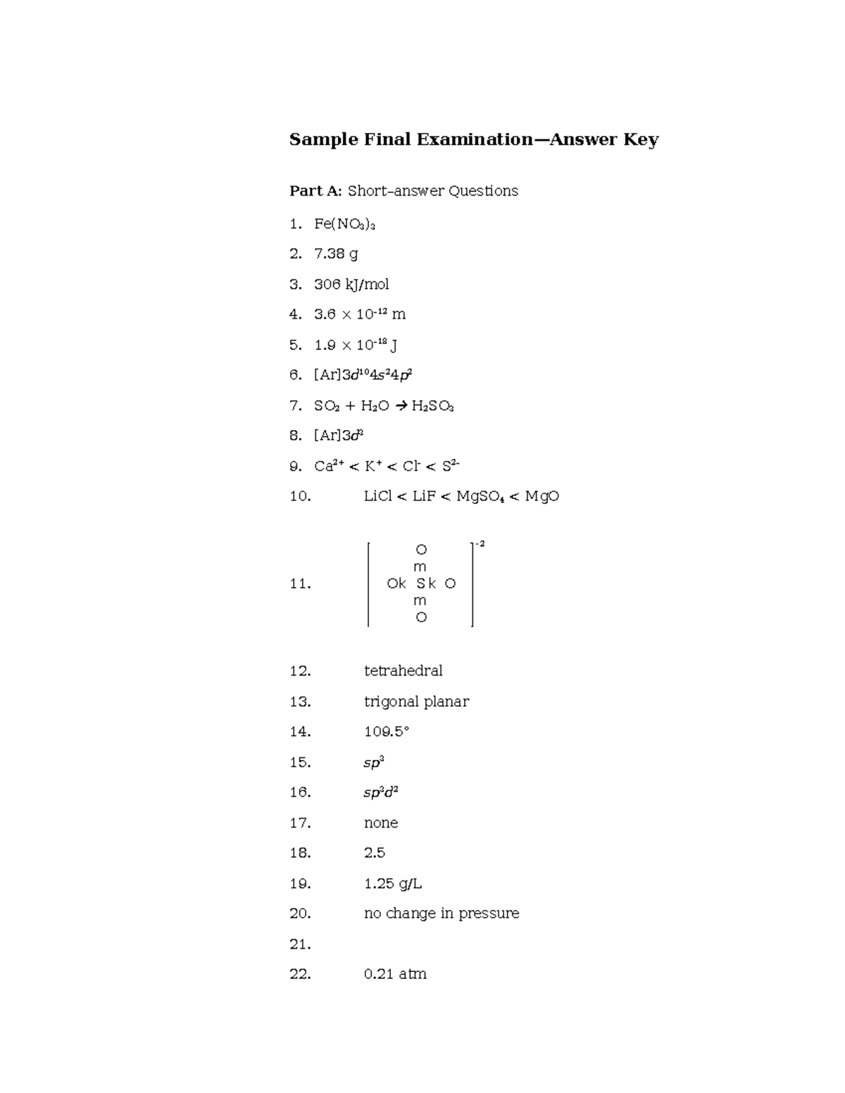 Final Exam Answer Key for Chemistry 2020 - Studocu