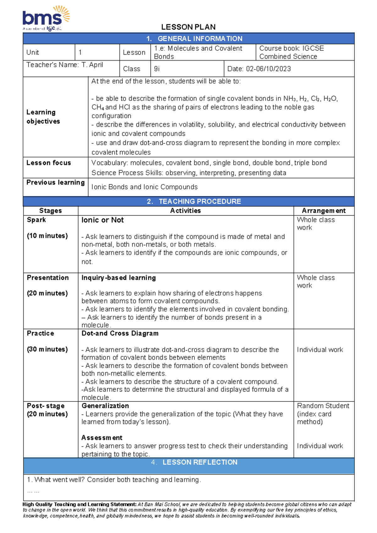 9i Lesson Plan: Molecules & Covalent Bonds (Oct 02-06) - Studocu