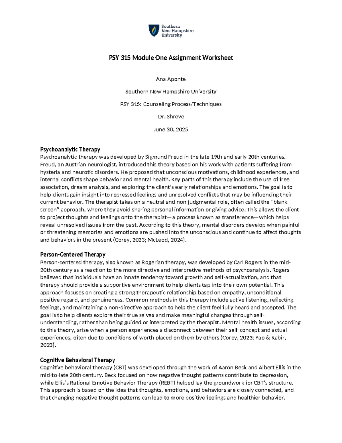 PSY 315 Module 1 Assignment: Overview of Therapy Approaches - Studocu