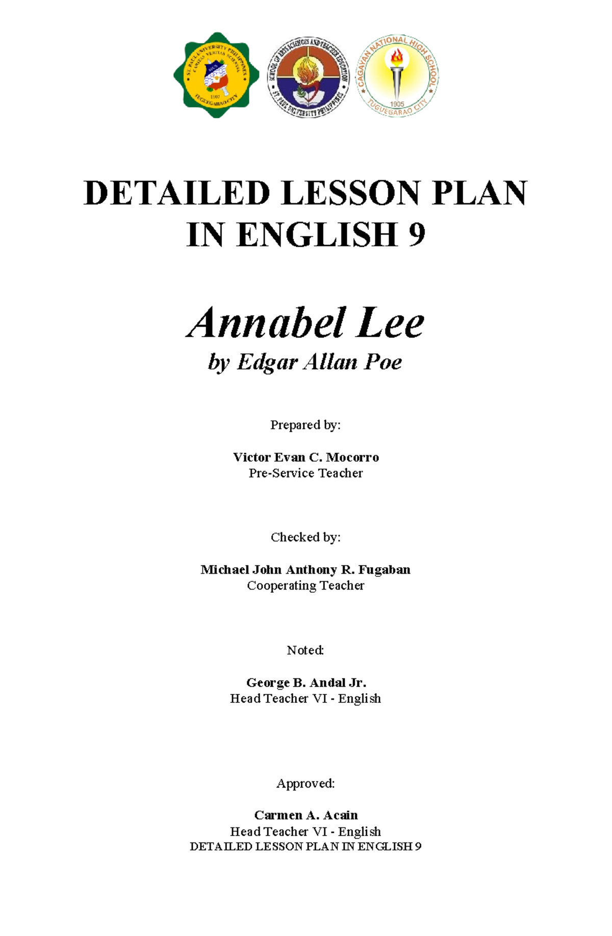 Final Lesson Plan for "Annabel Lee" (EN9) by Edgar Allan Poe - Studocu