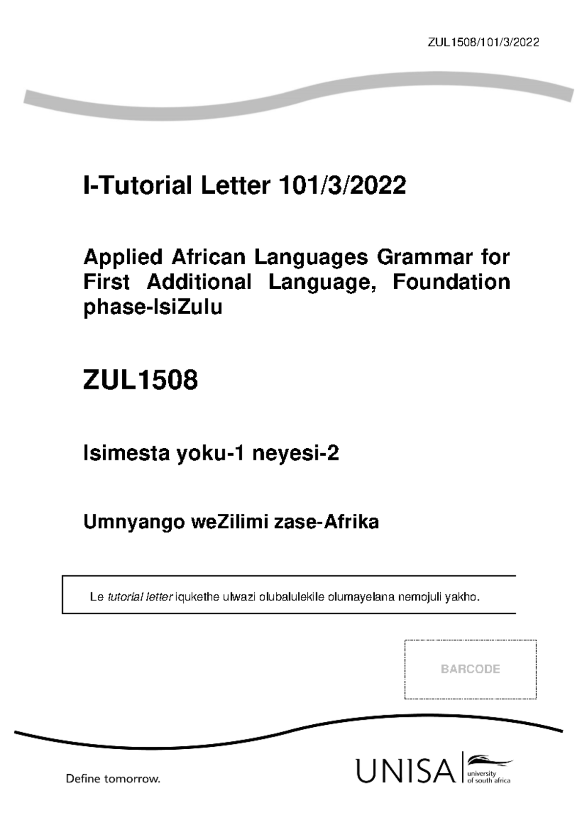 Tutorial Letter 101: ZUL1508 Applied African Languages Grammar - Studocu