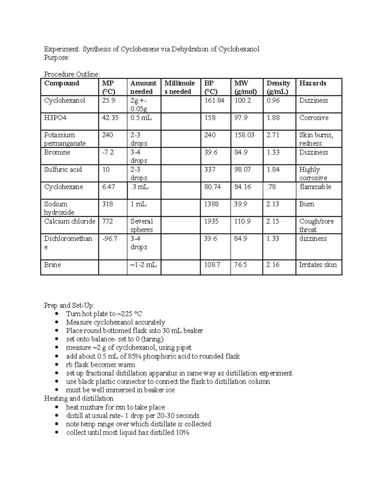 Pre lab 6 Synthesis of Cyclohexene via Dehydration of Cyclohexanol ...
