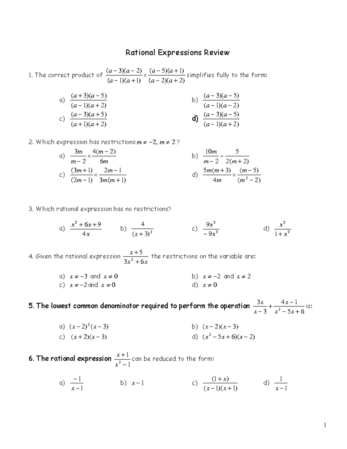Rational Expressions Review for MCR3U: Key Concepts and Problems - Studocu