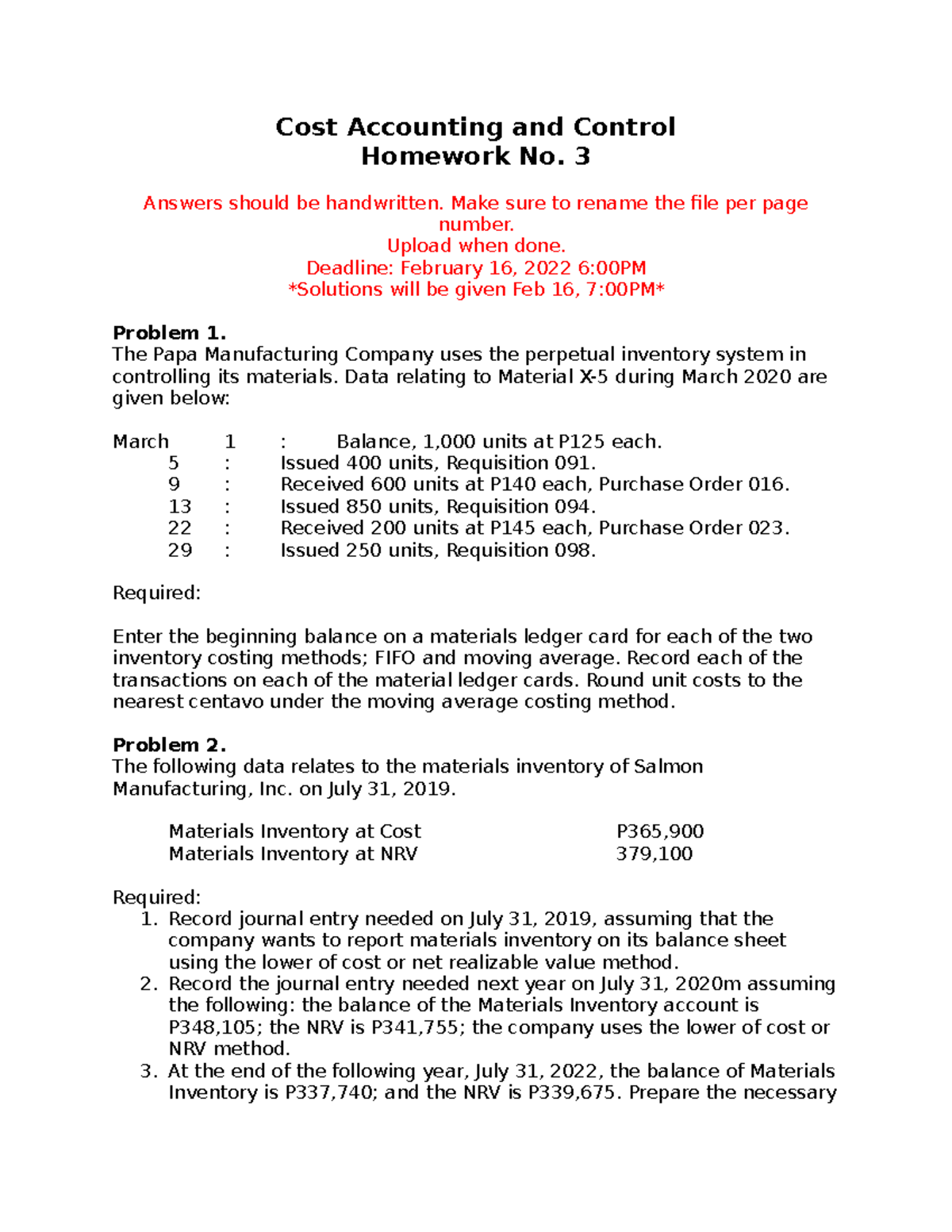 Homework 3 problem solving - Cost Accounting and Control Homework No. 3 ...