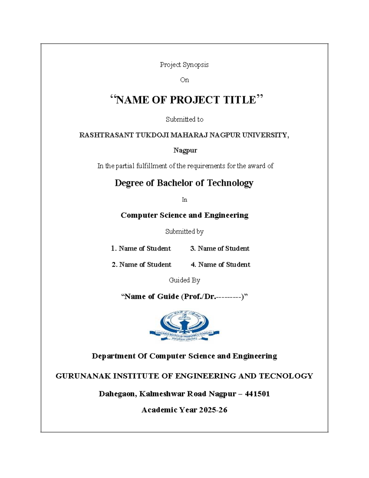 Project Synopsis Format - Project Synopsis On “NAME OF PROJECT TITLE ...