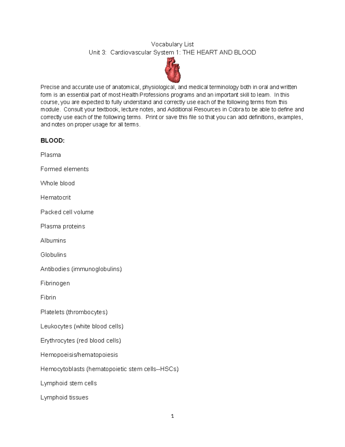 Unit 3 Vocabulary: Cardiovascular System - Heart & Blood Terms - Studocu