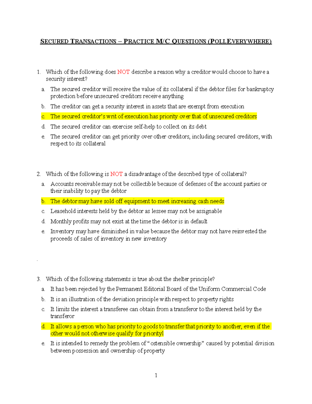 Secured Transactions Practice MC Questions (Law 301) - Studocu