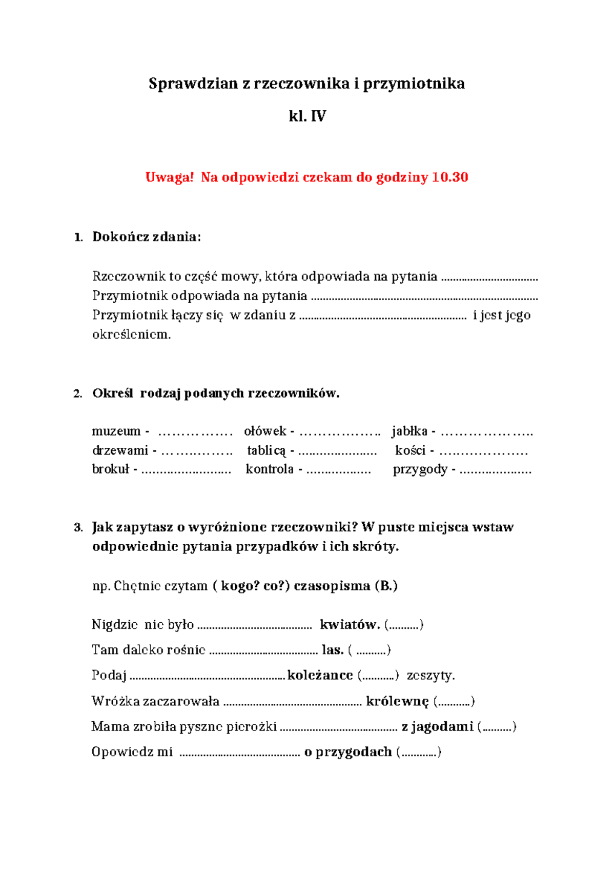 Sprawdzian z Rzeczownikami i Przymiotnikami - Kl. IV - Studocu