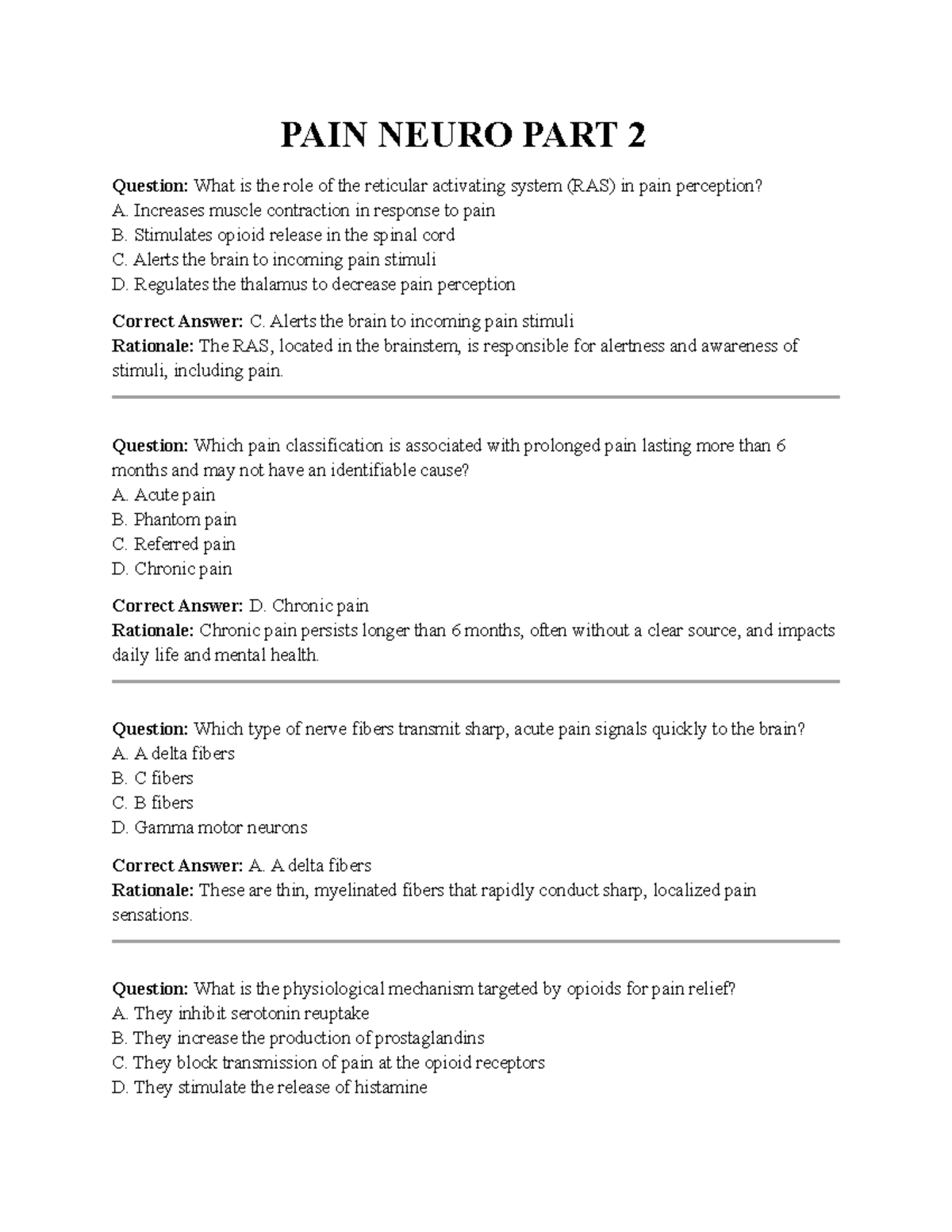 PAIN NEURO PART 2 - MCQ on Pain Perception and Mechanisms - Studocu