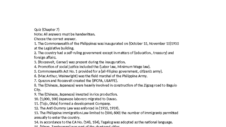 Quiz (Chapter 7) Handwritten Answer Key - Studocu