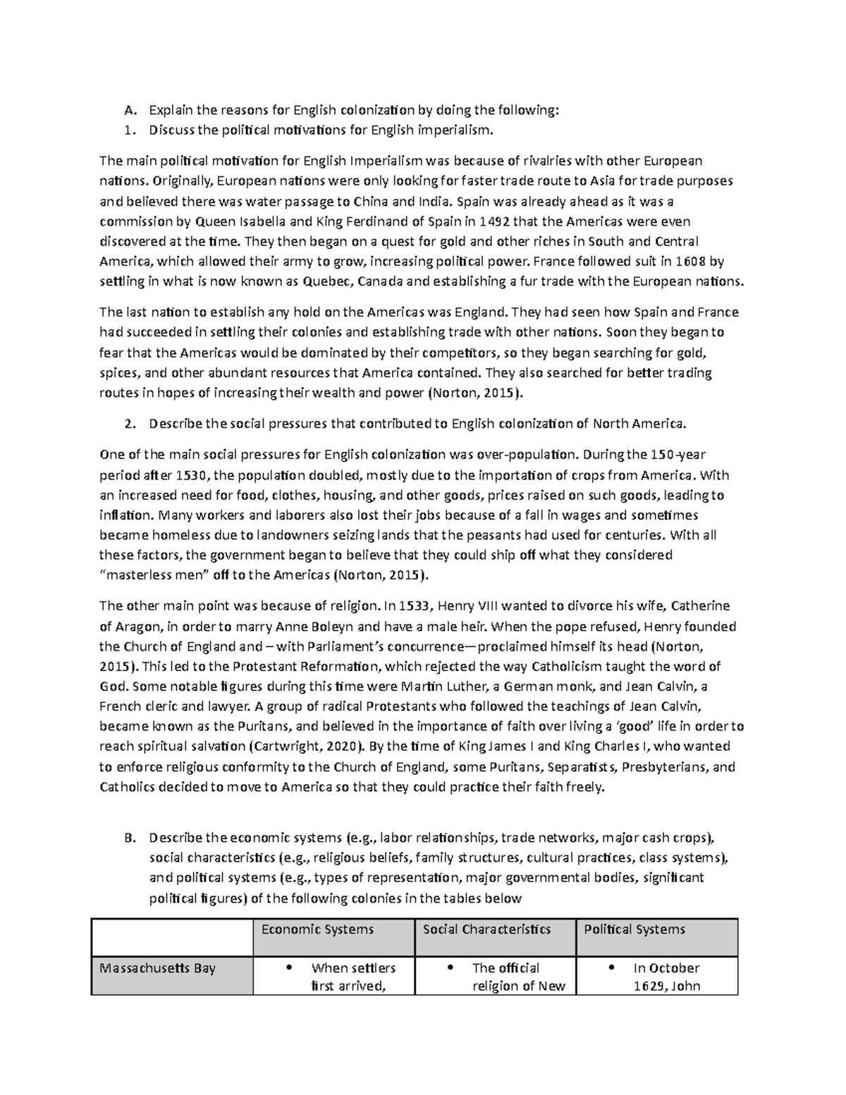 C121 Task 1 - English Imperialism - A. Explain the reasons for English ...