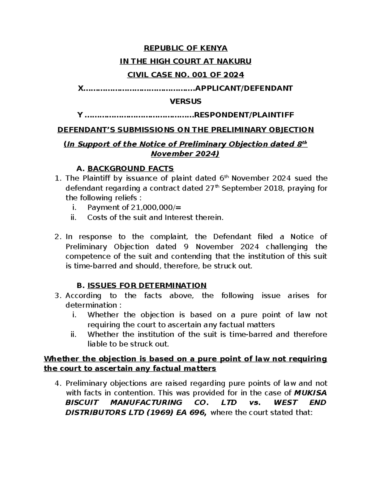 Civil Case 001/2024: Defendant's Submissions on Preliminary Objection ...