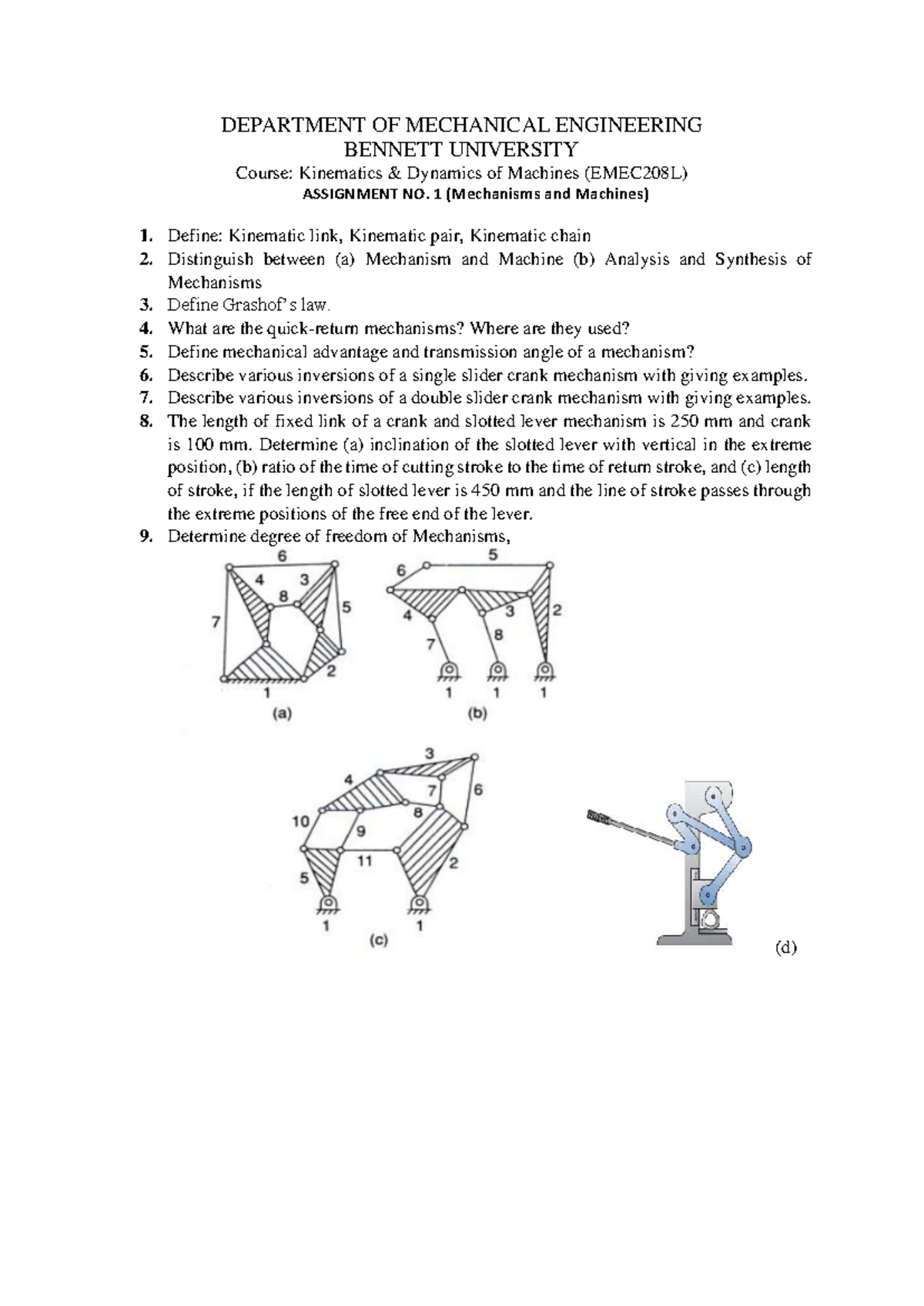 Assignment 1 EMEC208L - Kinematics & Dynamics of Machines Notes - Studocu