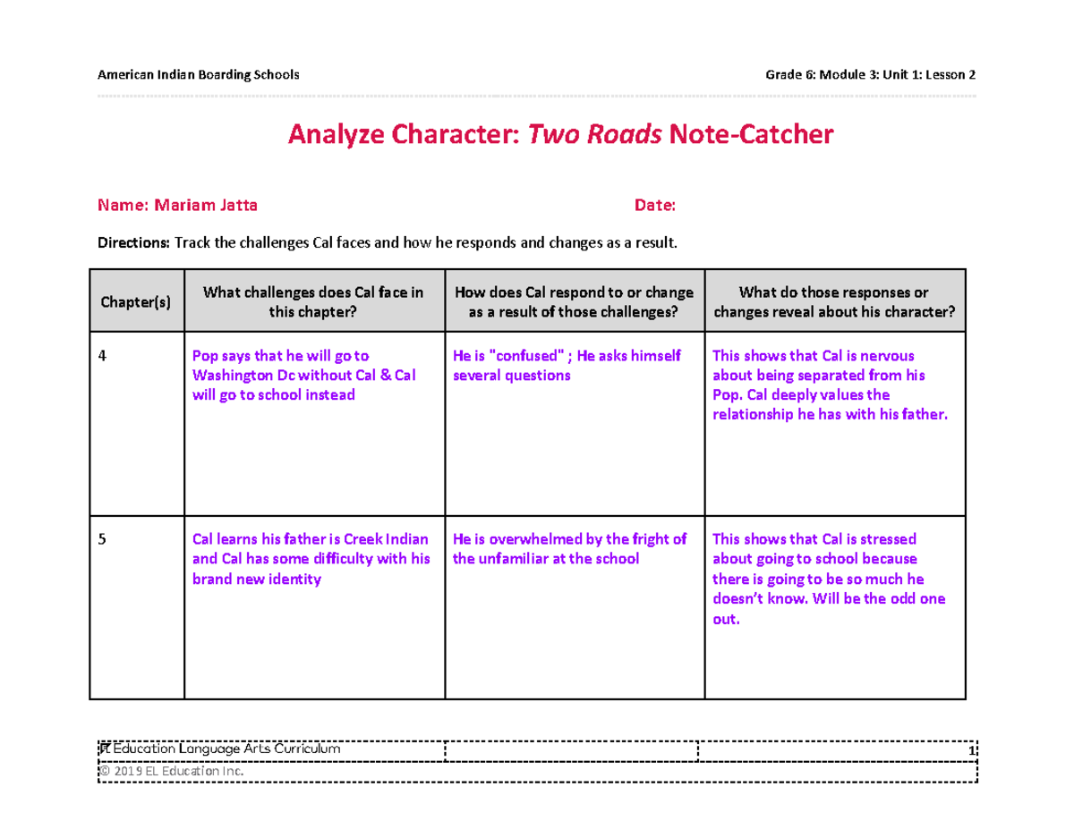 G6M3 Unit 1 Lesson 2: Character Analysis of Cal in Two Roads - Studocu