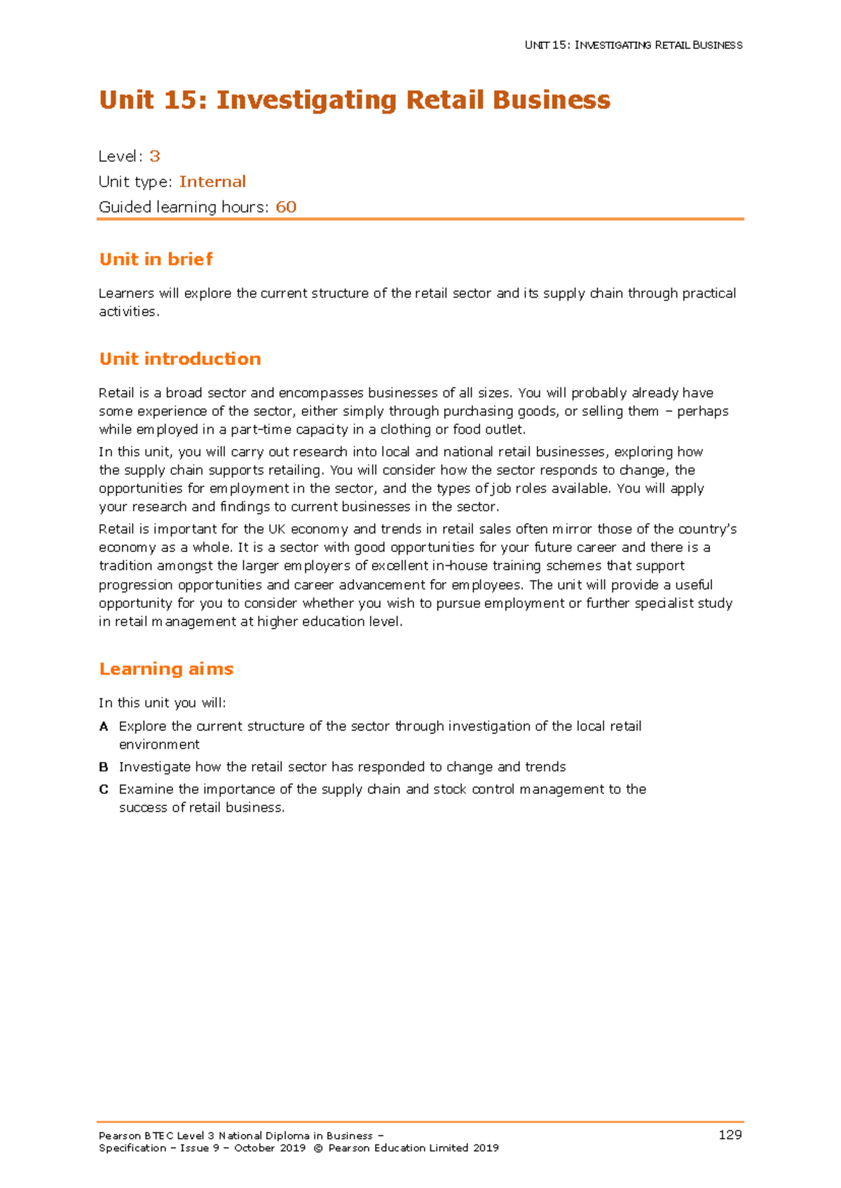 BTEC L3 Unit 15: Investigating Retail Business Overview and Assessment ...