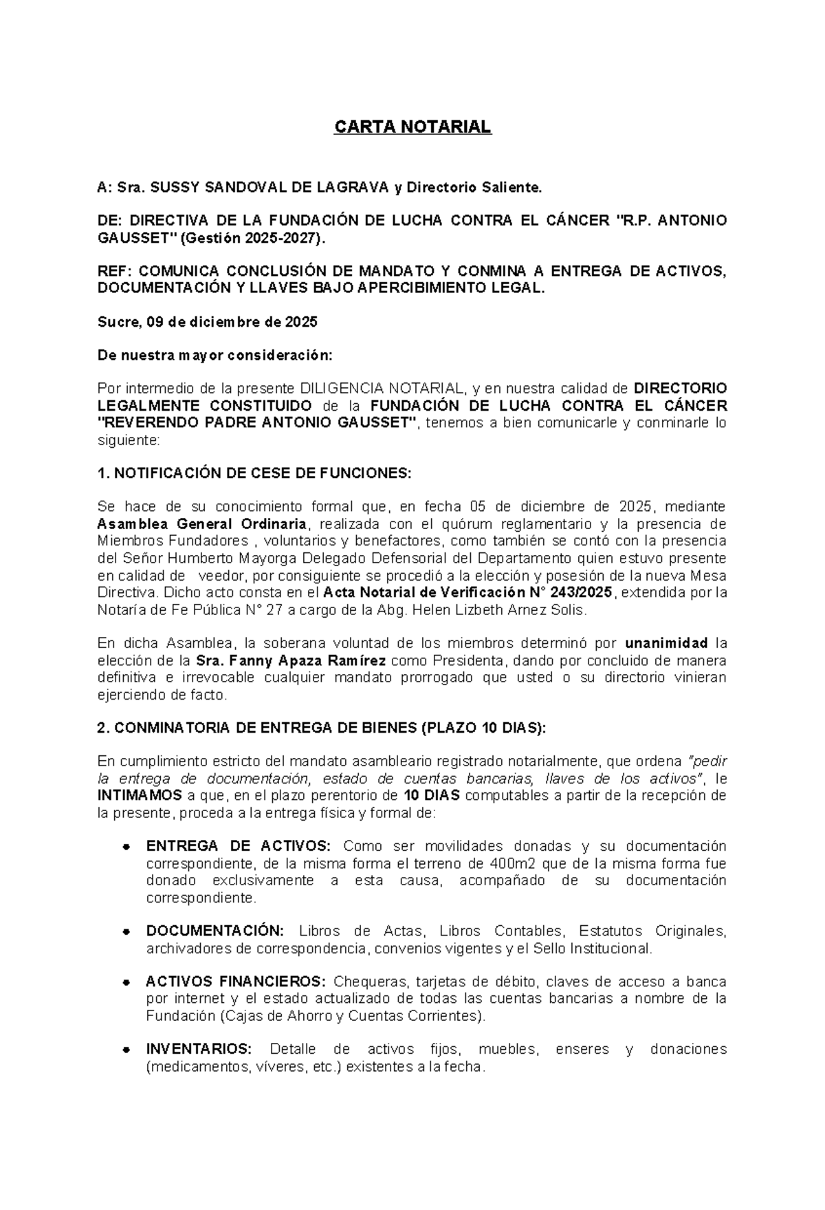 CARTA NOTARIAL A Sra. Sussy Sandoval - Fundación Lucha Contra el Cáncer ...