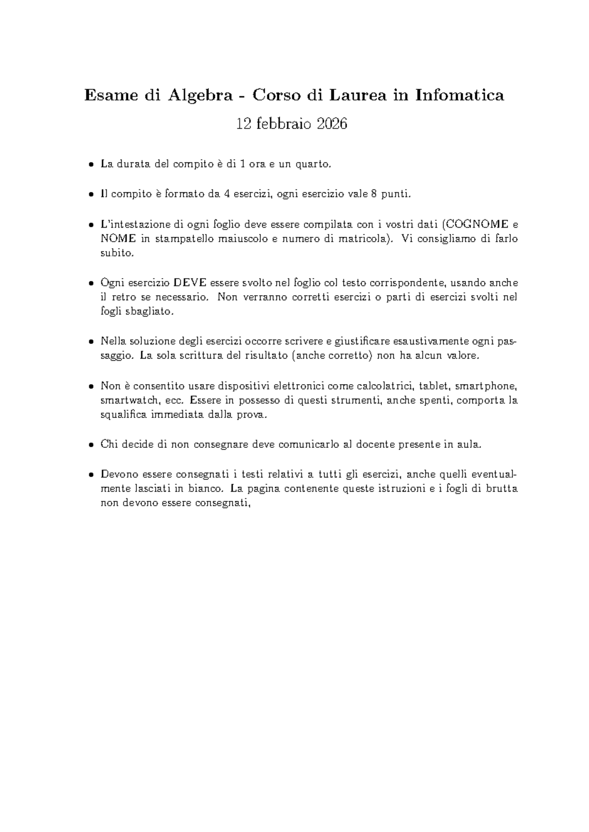 Esame di Algebra - Corso di Laurea in Informatica - 12 Febbraio 2026 ...