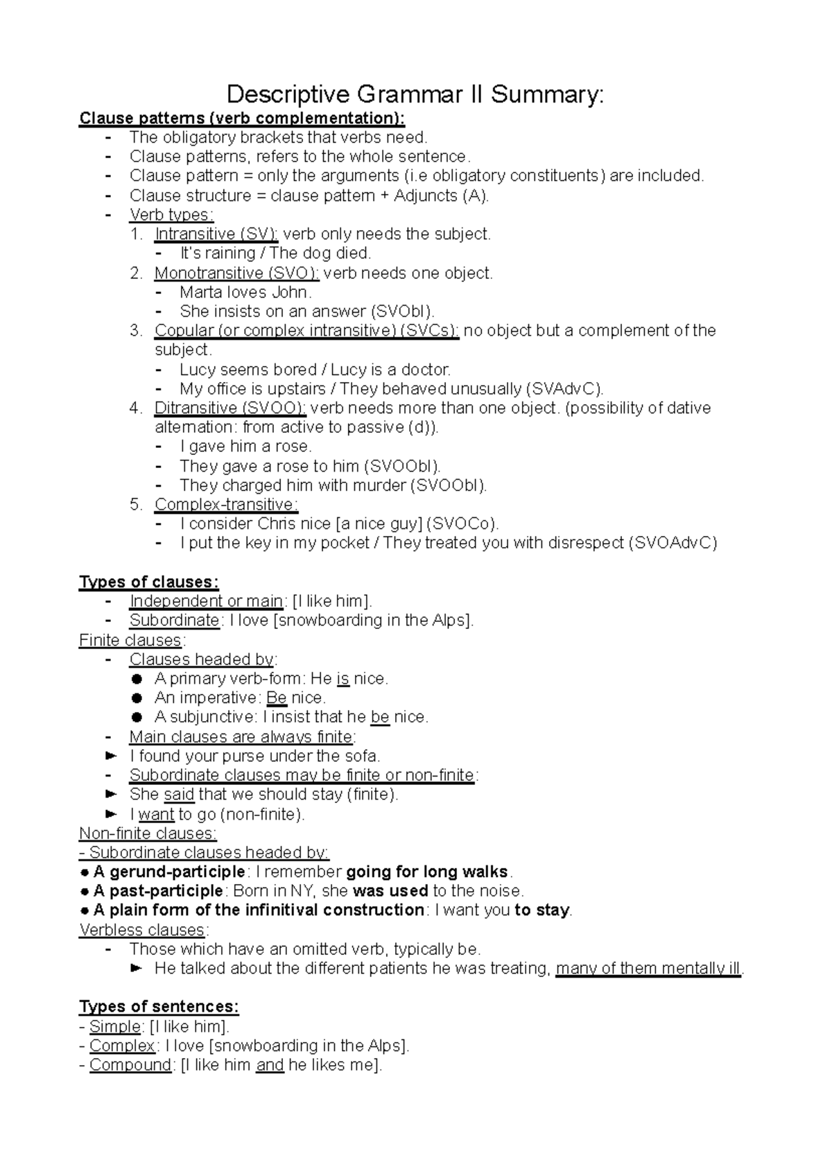 Descriptive Grammar II 2ND EXAM: Clause Patterns & Verb Complements ...