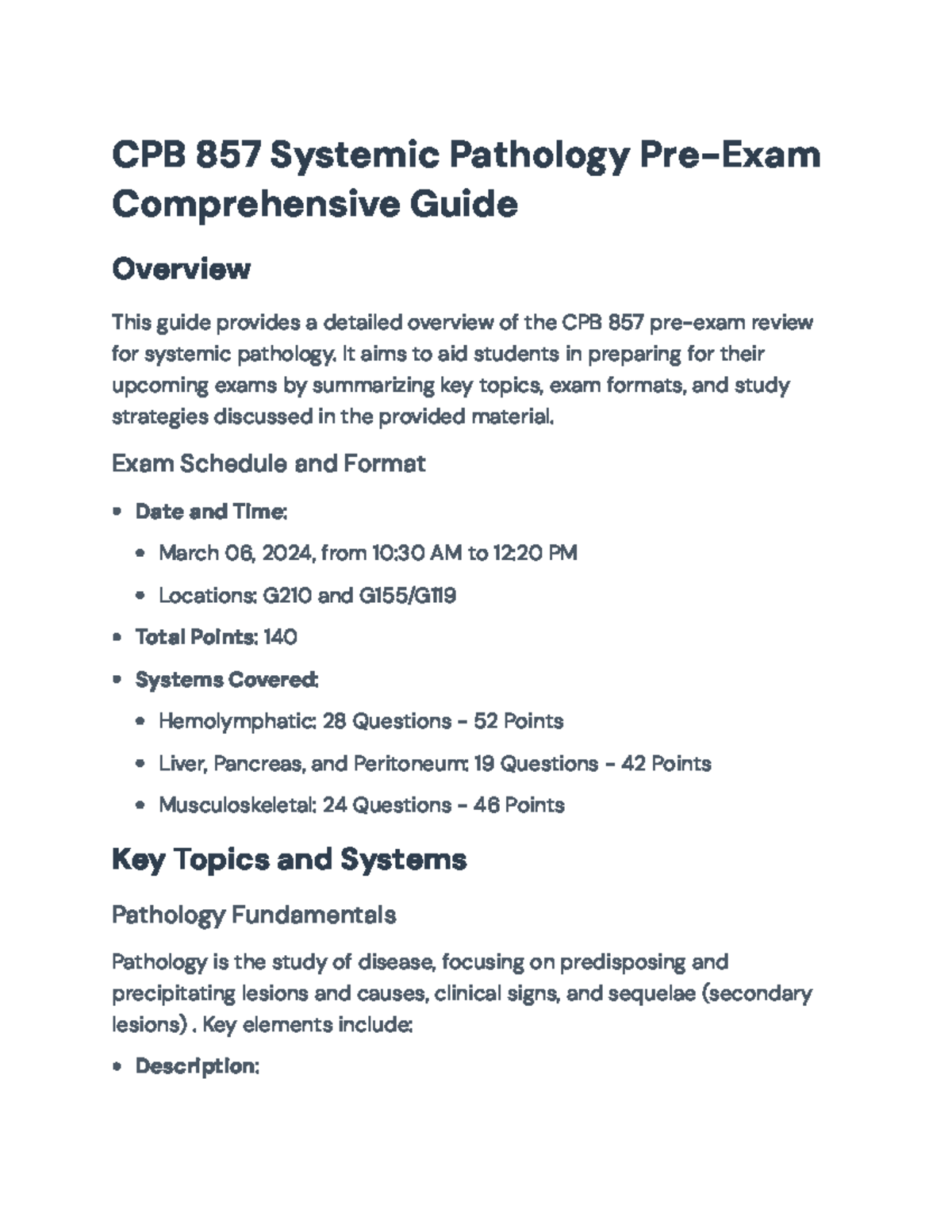CPB 857 Systemic Pathology Pre-Exam Comprehensive Study Guide - CPB 857 ...