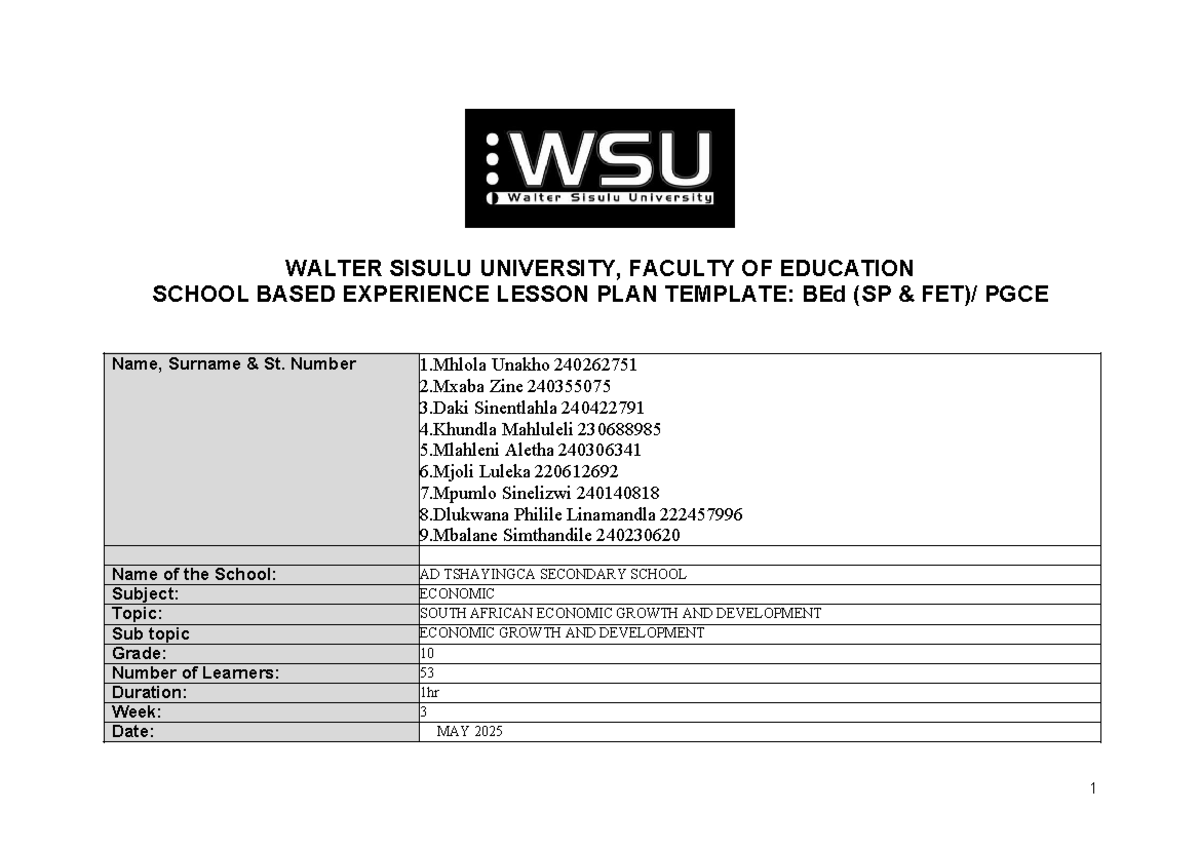 BEd (SP PGCE) Lesson Plan Template: Economic Growth & Development - Studocu