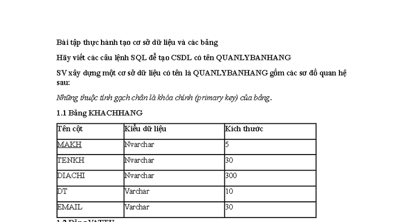Bài tập thực hành SQL: Tạo CSDL QUANLYBANHANG E3 - Studocu