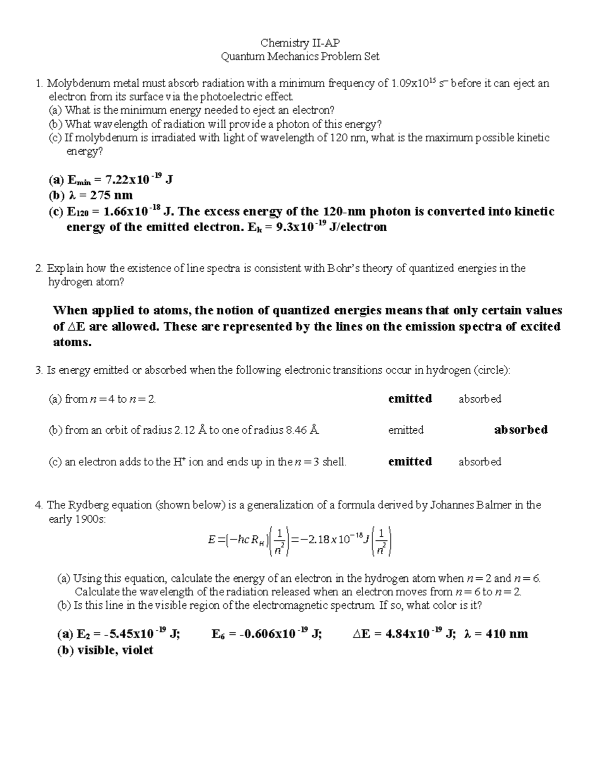 Quant.mech.ps.16 - practice - Chemistry II-AP Quantum Mechanics Problem Set 1. Molybdenum metal ...