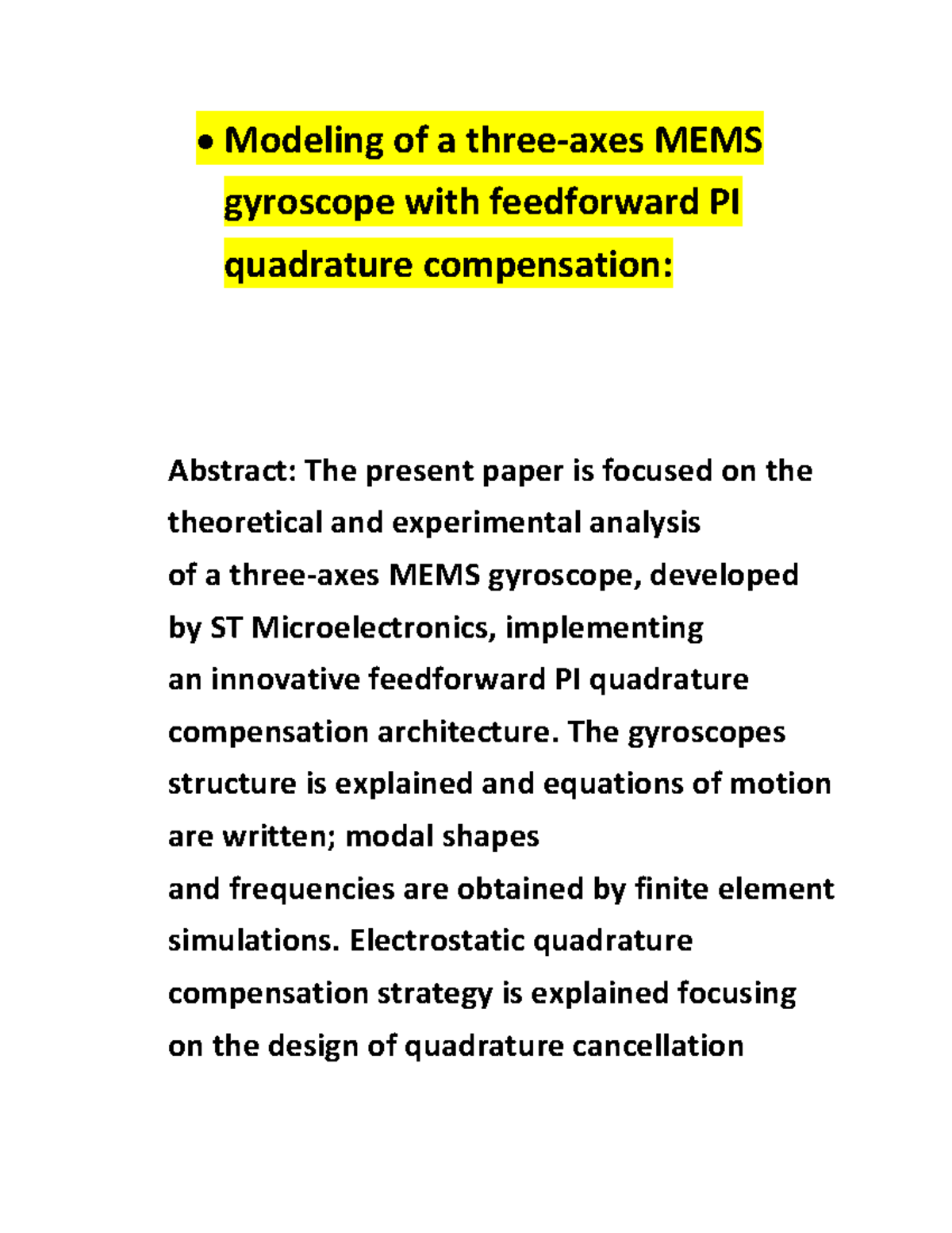Modeling of a three-axes MEMS gyroscope with feedforward PI quadrature compensation - Modeling ...