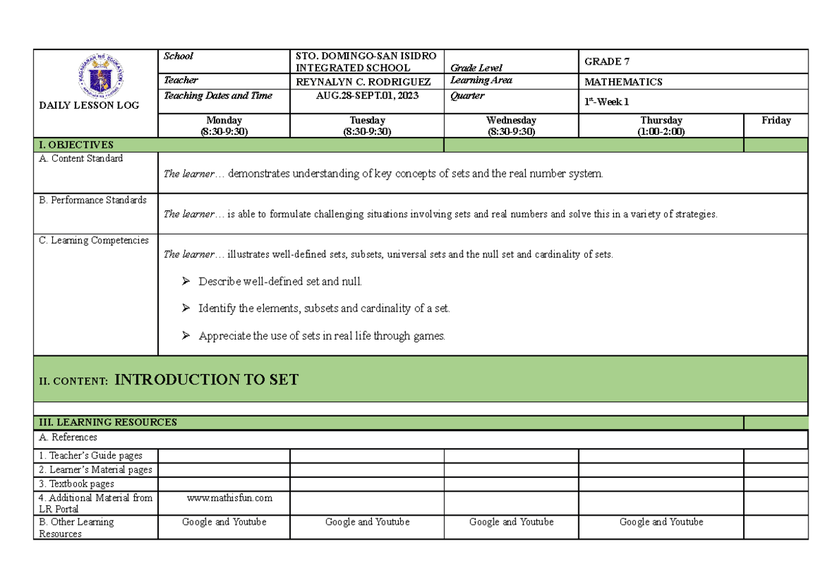 MATH DLL Grade 7 Q1 Week 1: Introduction to Sets and Cardinality - Studocu